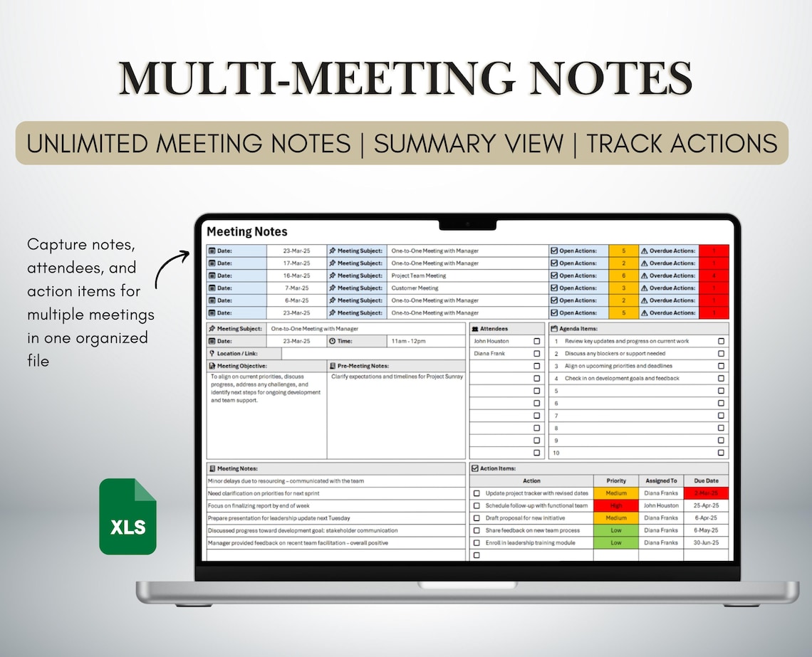 Meeting Agenda & Notes Template | Excel Template | Multi Meeting Action ...
