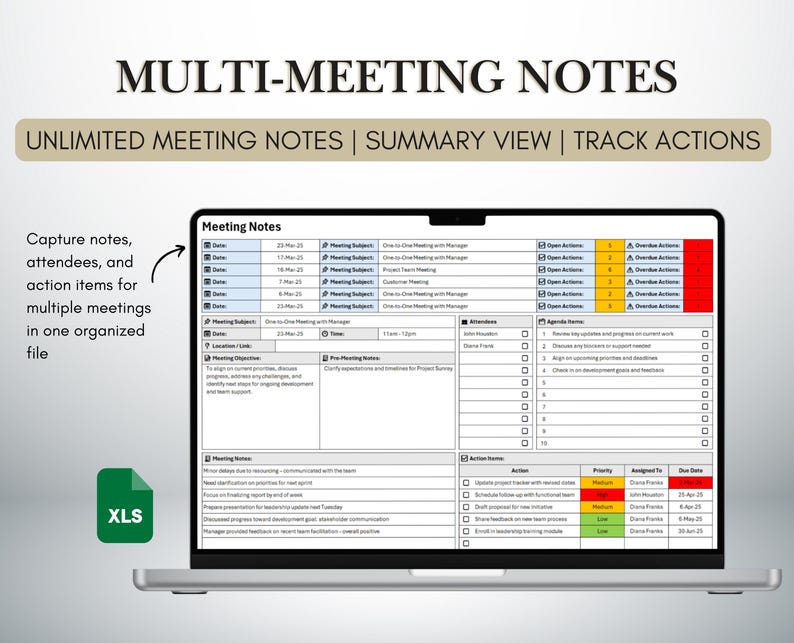 Meeting Agenda & Notes Template | Excel Template | Multi Meeting Action ...