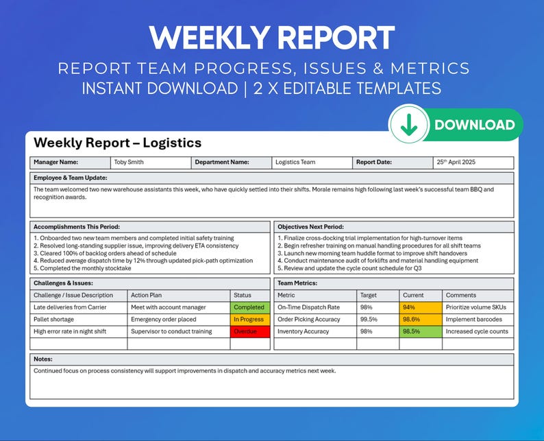 Weekly Team Update Template: Powerpoint & Excel Report (digital ...