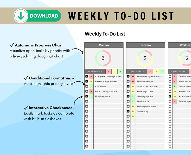 Weekly To-do List Excel Template With Checkboxes, Daily Planner, Priority Action Tracker, Task ...