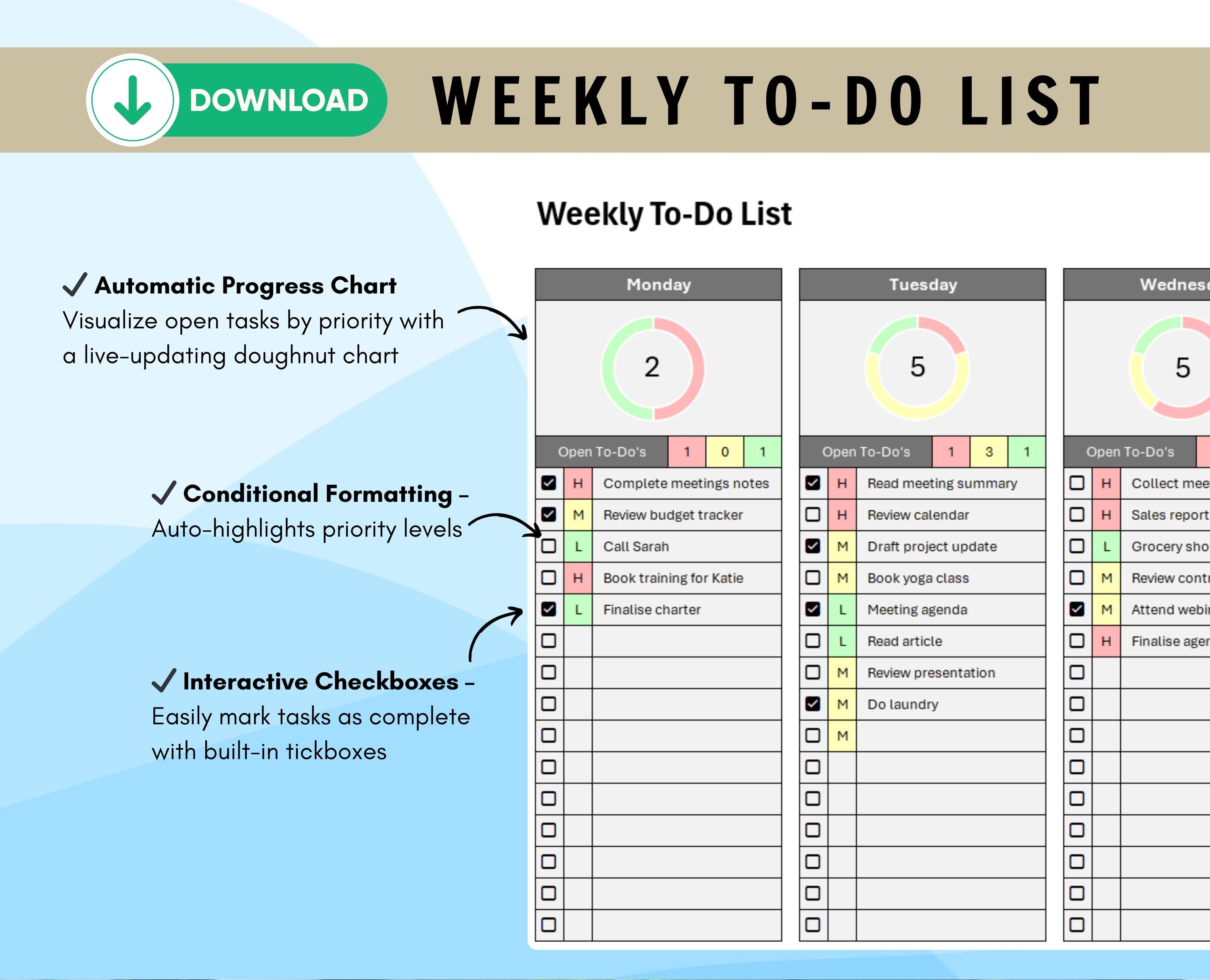 Weekly To-do List Excel Template With Checkboxes, Daily Planner, Priority Action Tracker, Task ...