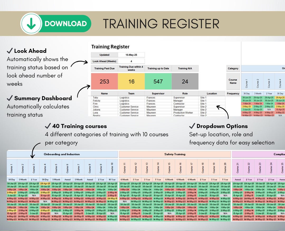 Employee Training Register Template | Excel Training Tracker | Training ...