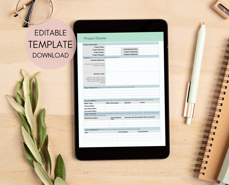 Project Charter Template: Project Management Document (digital Download ...