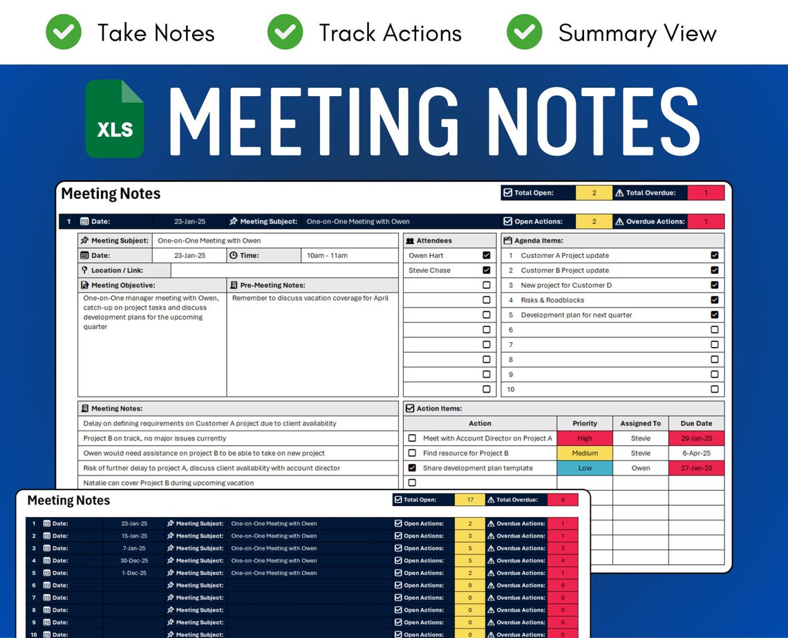 Meeting Agenda & Notes Template | Excel Template | Multi Meeting Action ...
