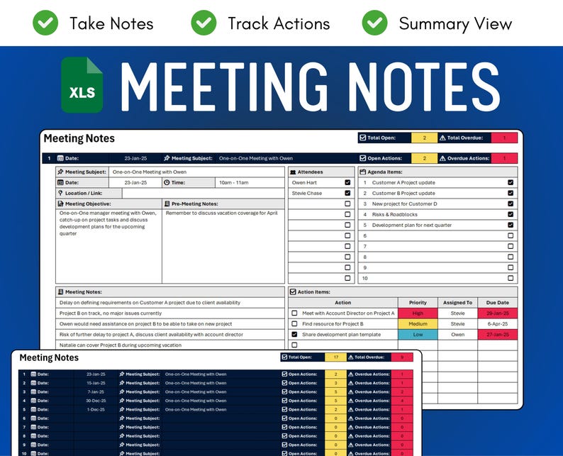 Meeting Agenda & Notes Template | Excel Template | Multi Meeting Action ...