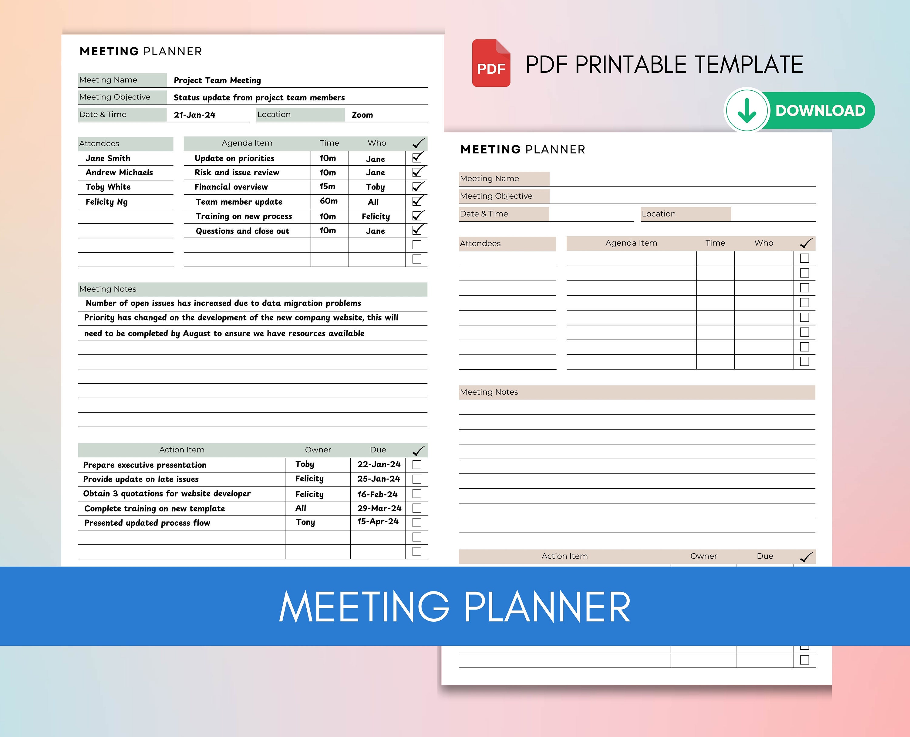 Meeting Planner Template: Agenda & Minutes (PDF Download) - Etsy