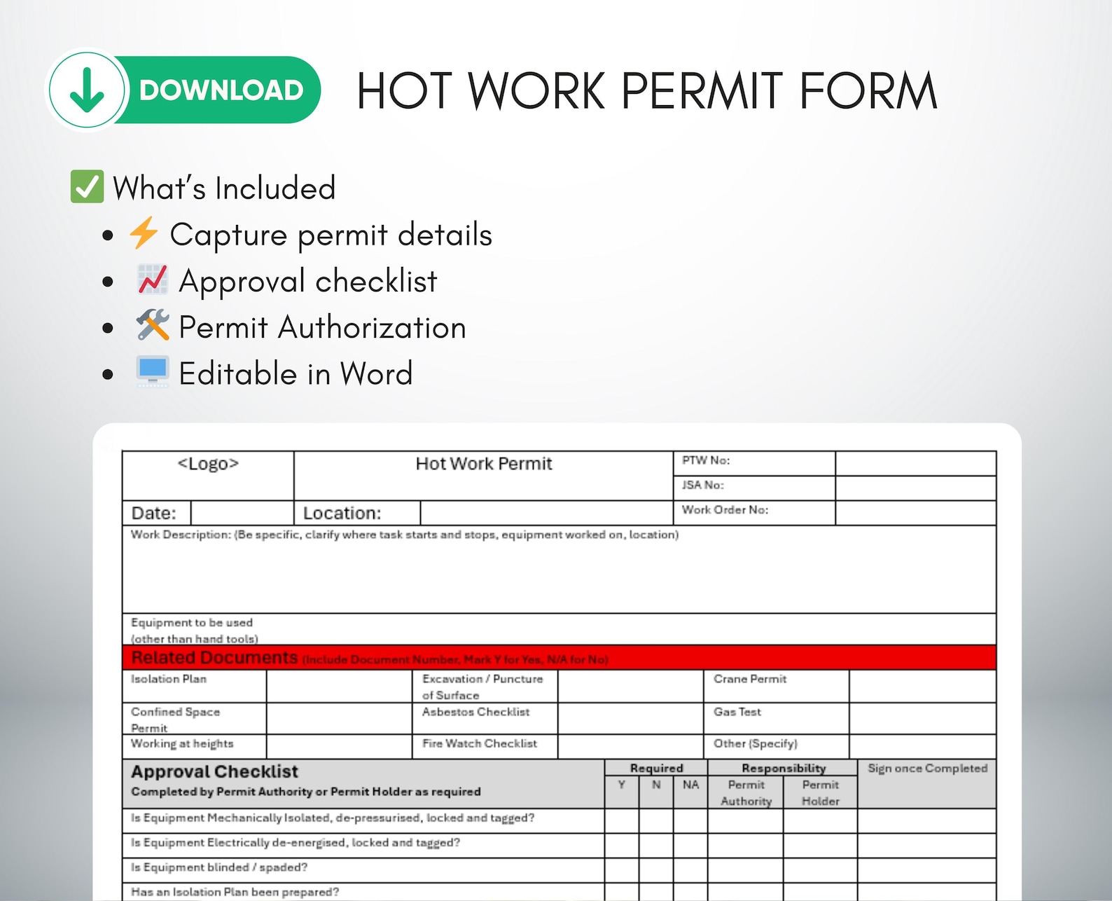 Hot Work Permit Template | Workplace Safety Form | Construction Safety ...