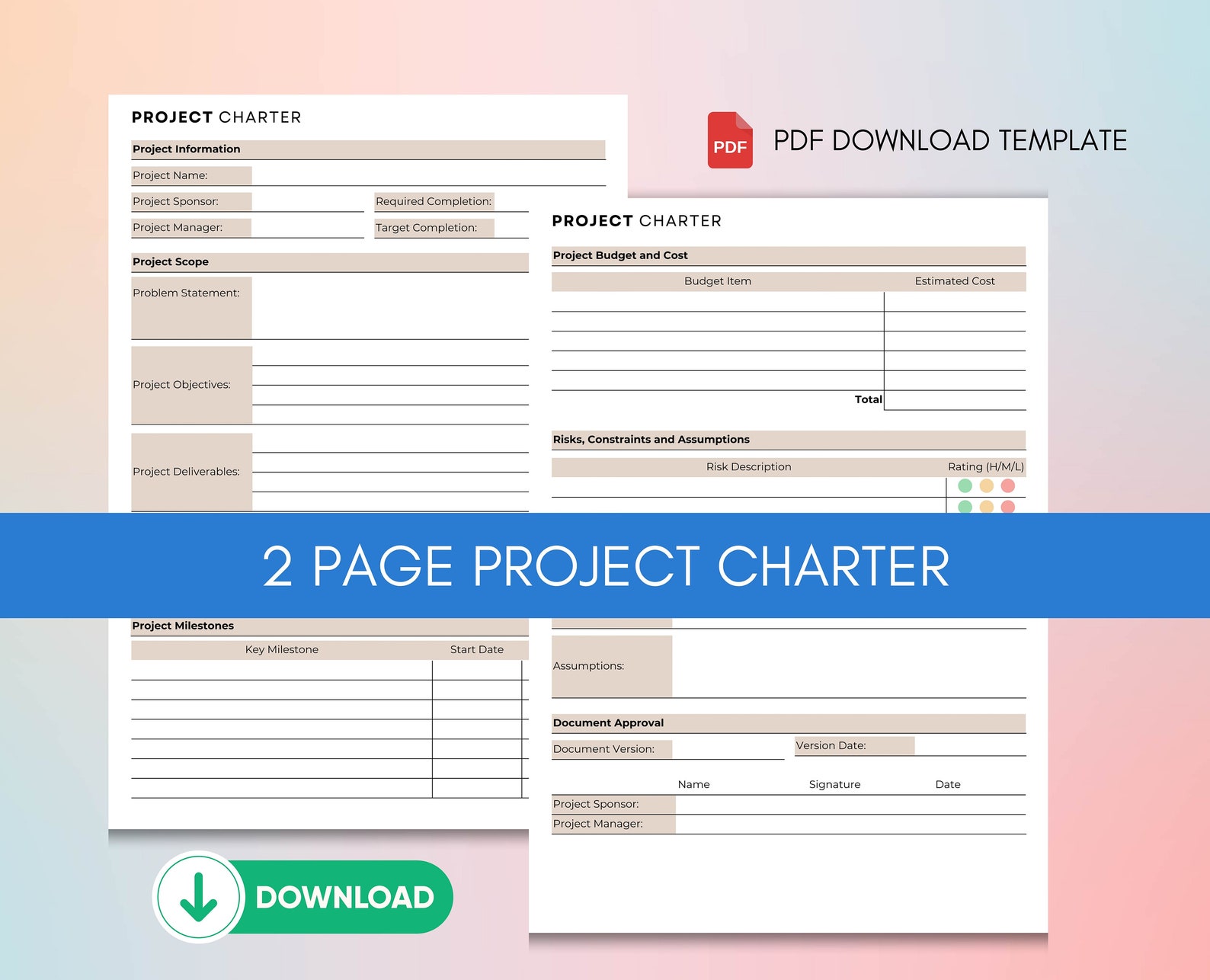 Project Charter Template: Project Management, A4 (digital Download) - Etsy