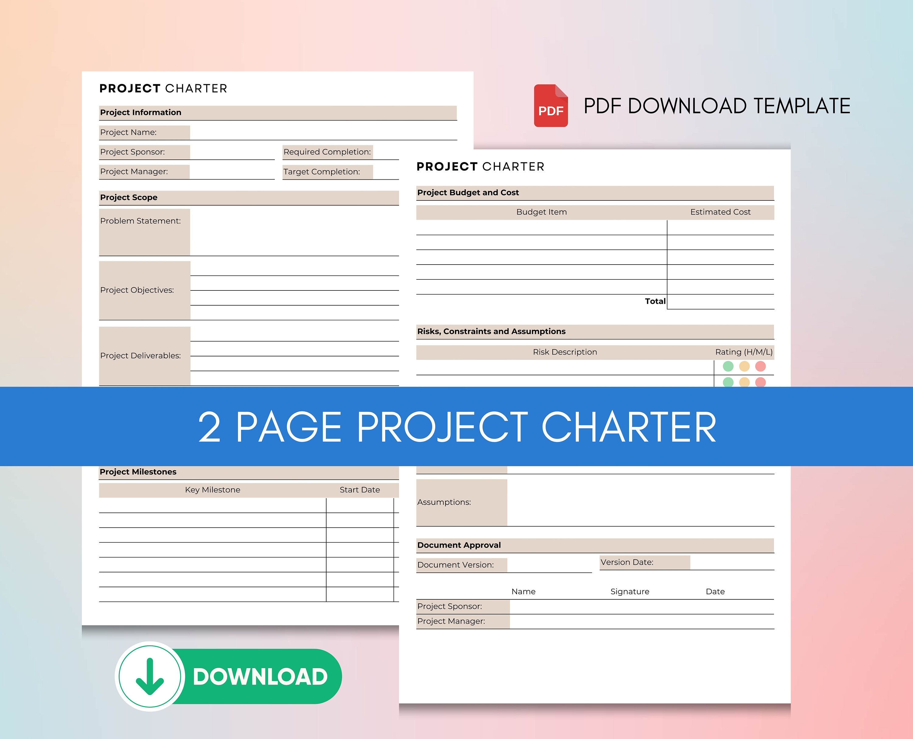 Project Charter Template | A4 Project Management Template | Project ...