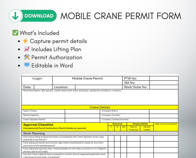 Mobile Crane Permit Form & Lift Plan Template: Workplace Safety (word ...