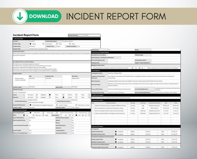 Safety Incident Report Form: Excel Template (digital Download) - Etsy
