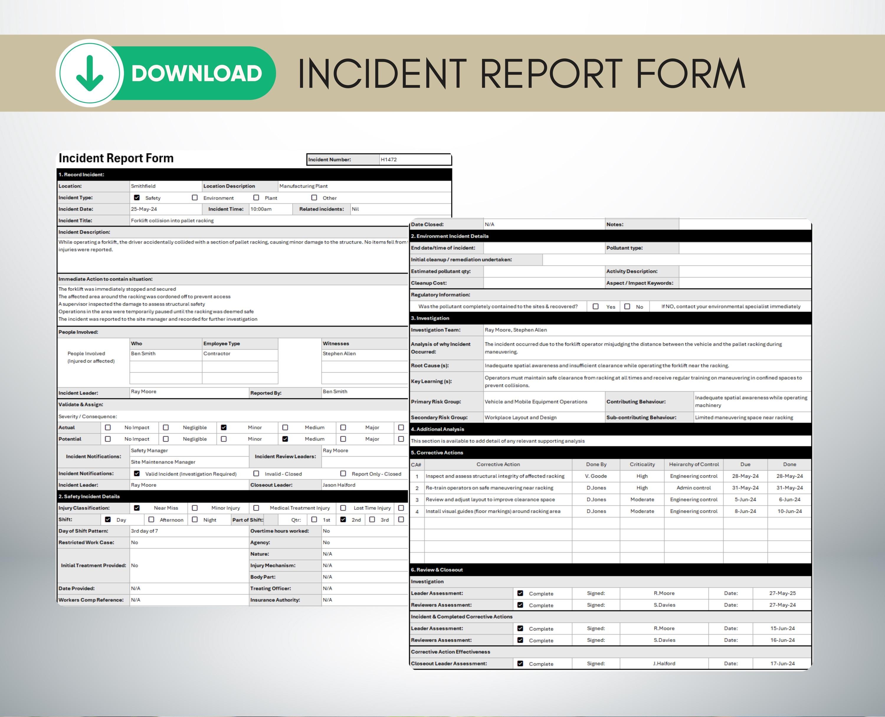 Safety Incident Report Form: Excel Template (digital Download) - Etsy