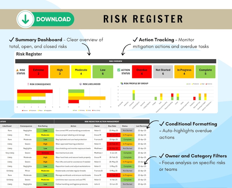 Risk Register | Excel Risk Register | Action Tracking | Project Risk ...