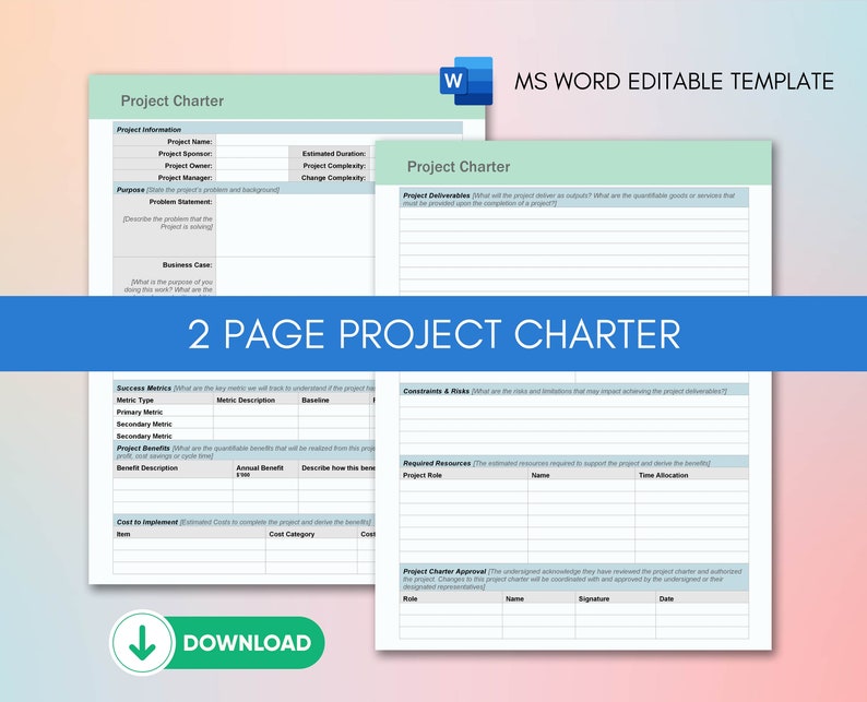 Project Charter Template: Project Management Document (digital Download ...