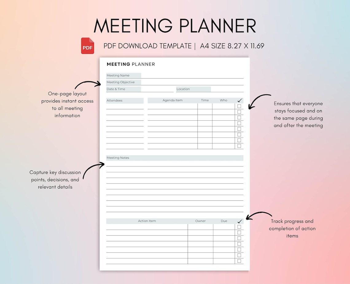 Meeting Planner Template, Meeting Minutes Document PDF Download ...