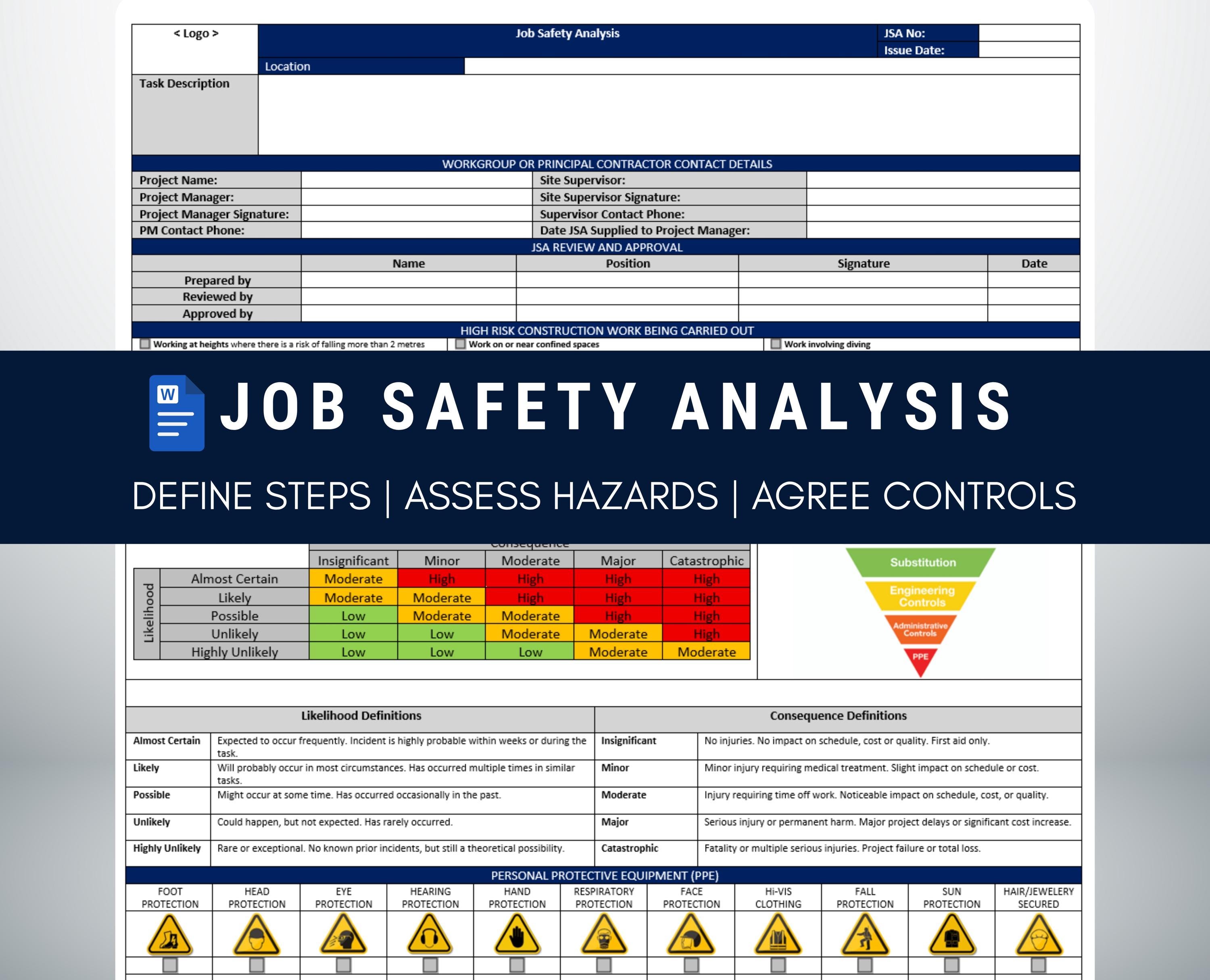 Job Safety Analysis JSA Template: Hazard ID, Risk Assessment (word Format) - Etsy