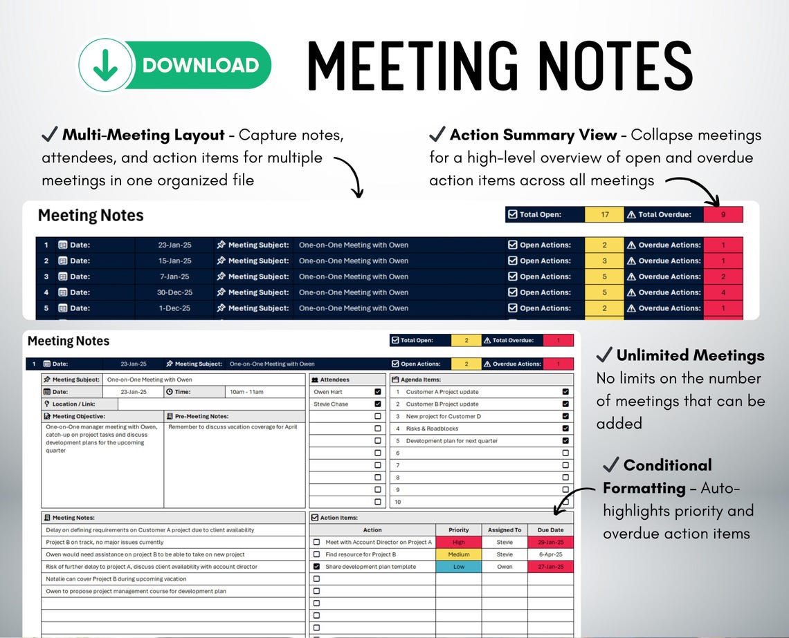 Meeting Agenda & Notes Template | Excel Template | Multi Meeting Action ...
