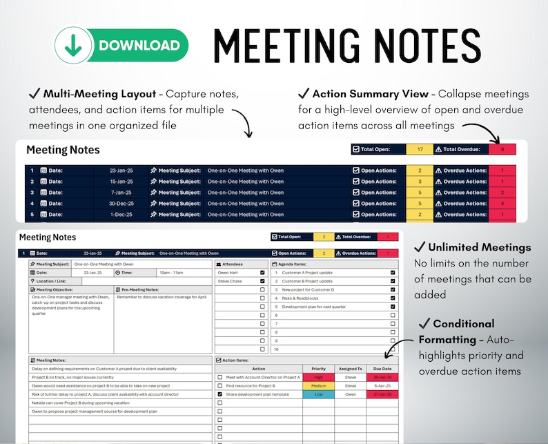 Meeting Agenda & Notes Template | Excel Template | Multi Meeting Action ...
