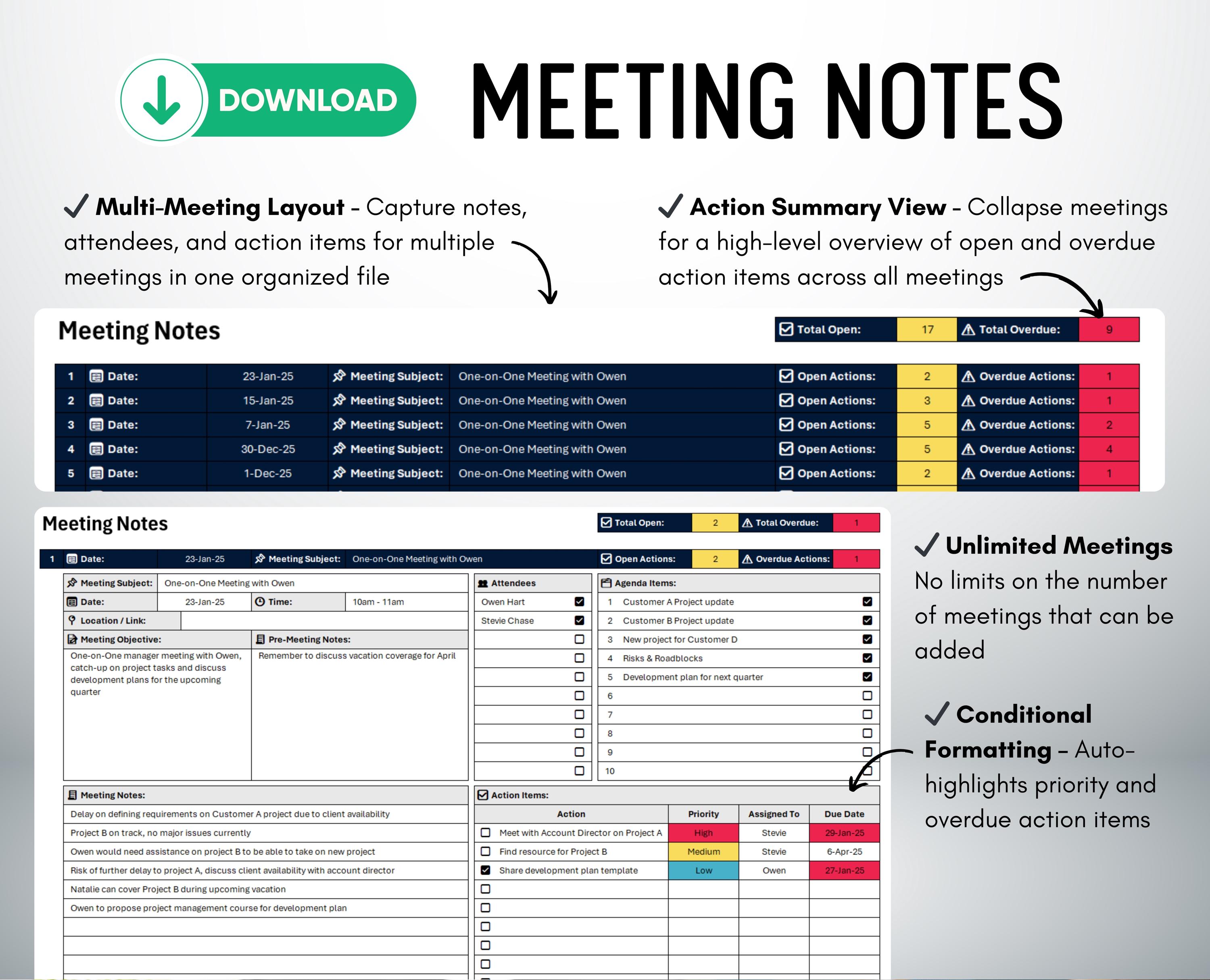 Meeting Agenda & Notes Template | Excel Template | Multi Meeting Action ...