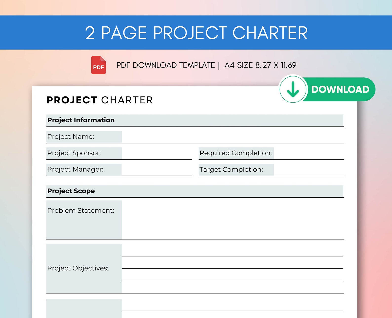 Project Charter Template | A4 Project Management Template | Project ...