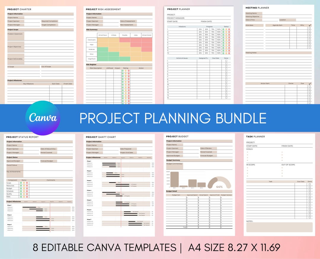 Project Planning Template Bundle, 8 X Canva Project Management ...