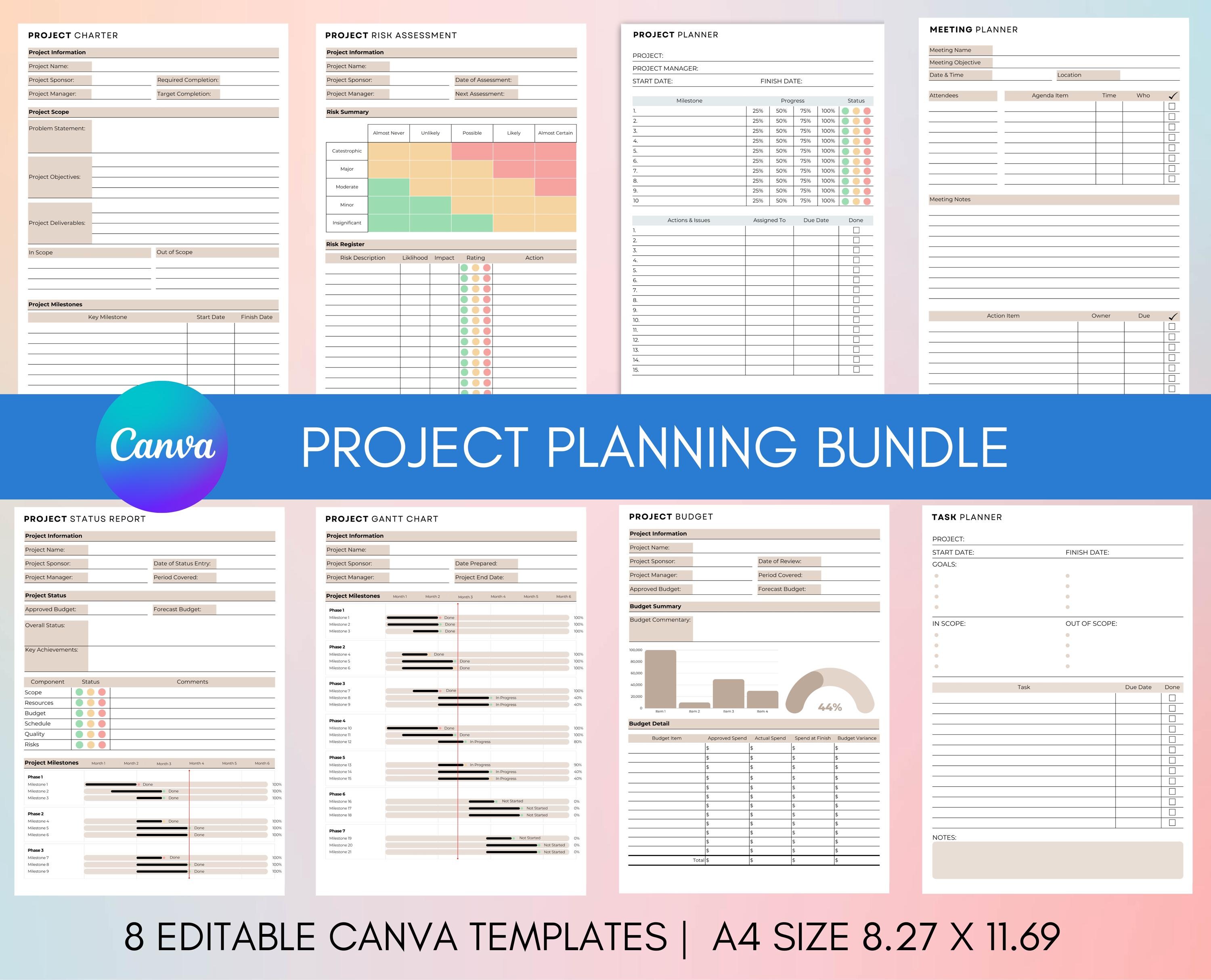 Project Planning Template Bundle, 8 X Canva Project Management ...