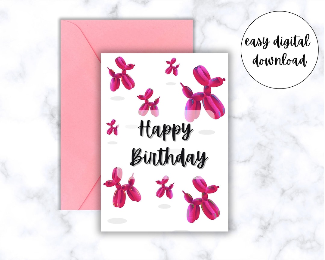 Animal Balloon Happy Birthday Greeting Card Printable 5 X 7'' Digital ...