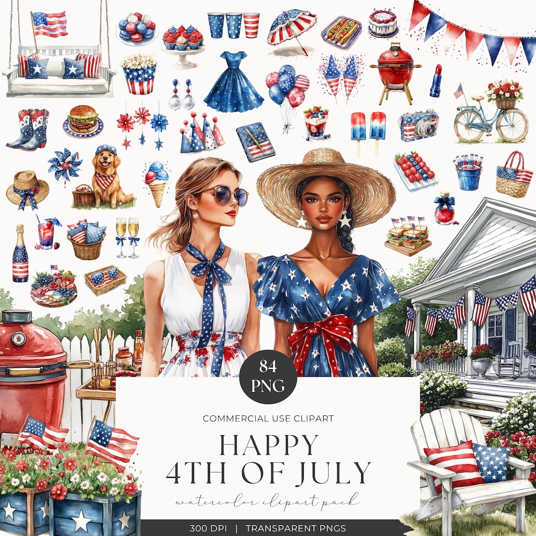 Watercolor 4th of July Floral Clipart, Independence Day USA Clipart ...