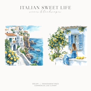 Mediterranean Summer Watercolor Landscape Illustration, Lemons & Tiles ...