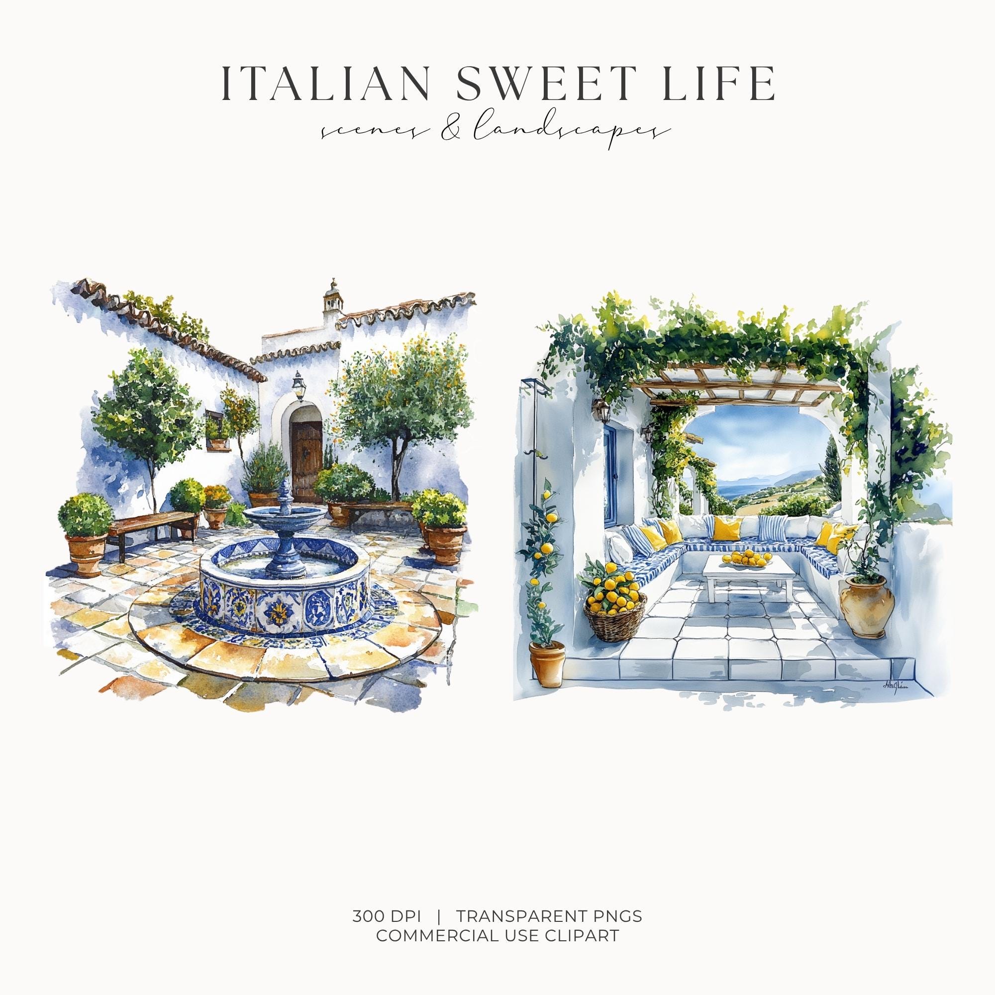 Mediterranean Summer Watercolor Landscape Illustration, Lemons & Tiles ...