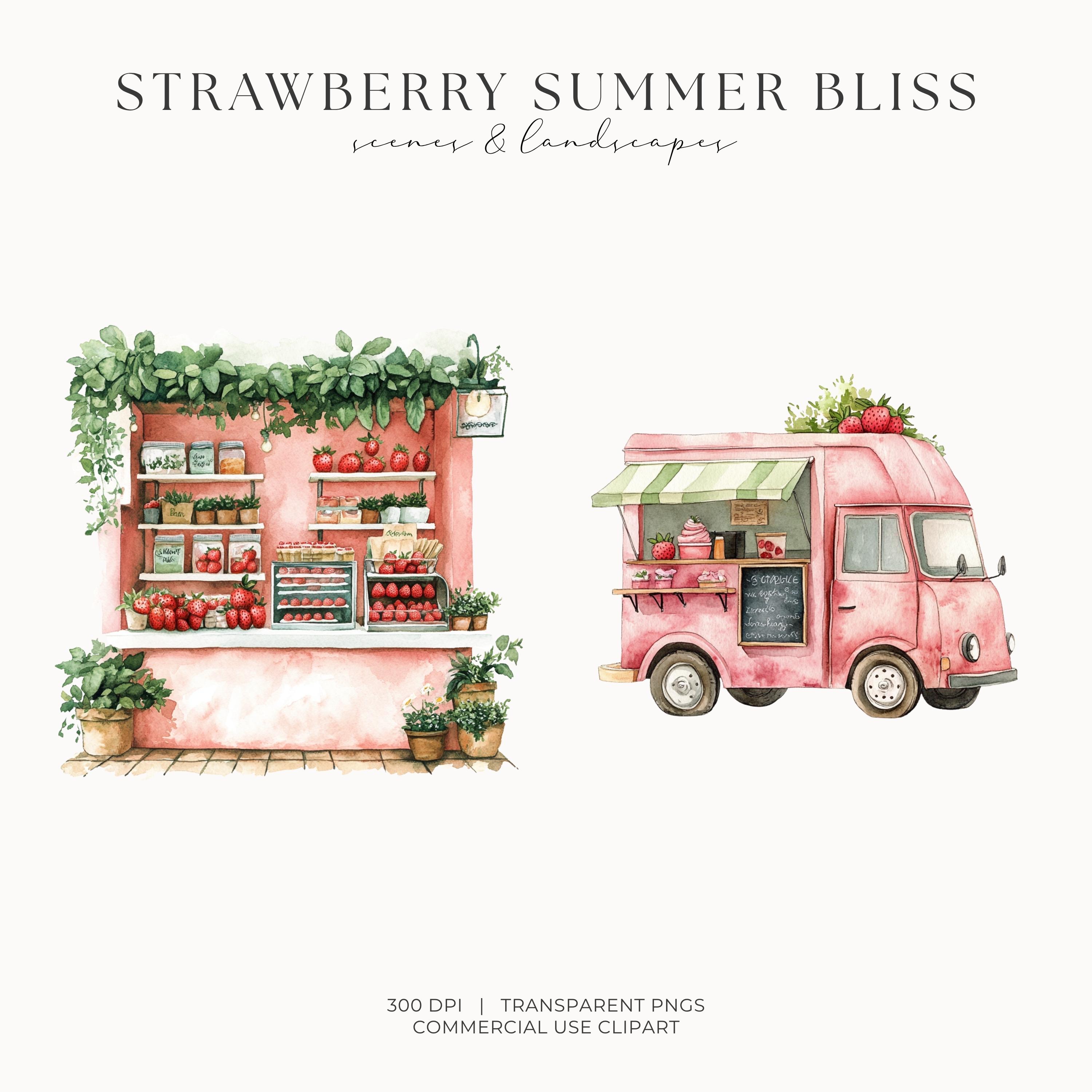 Strawberry Watercolor Clipart Set, Floral Bouquet, Landscape View ...