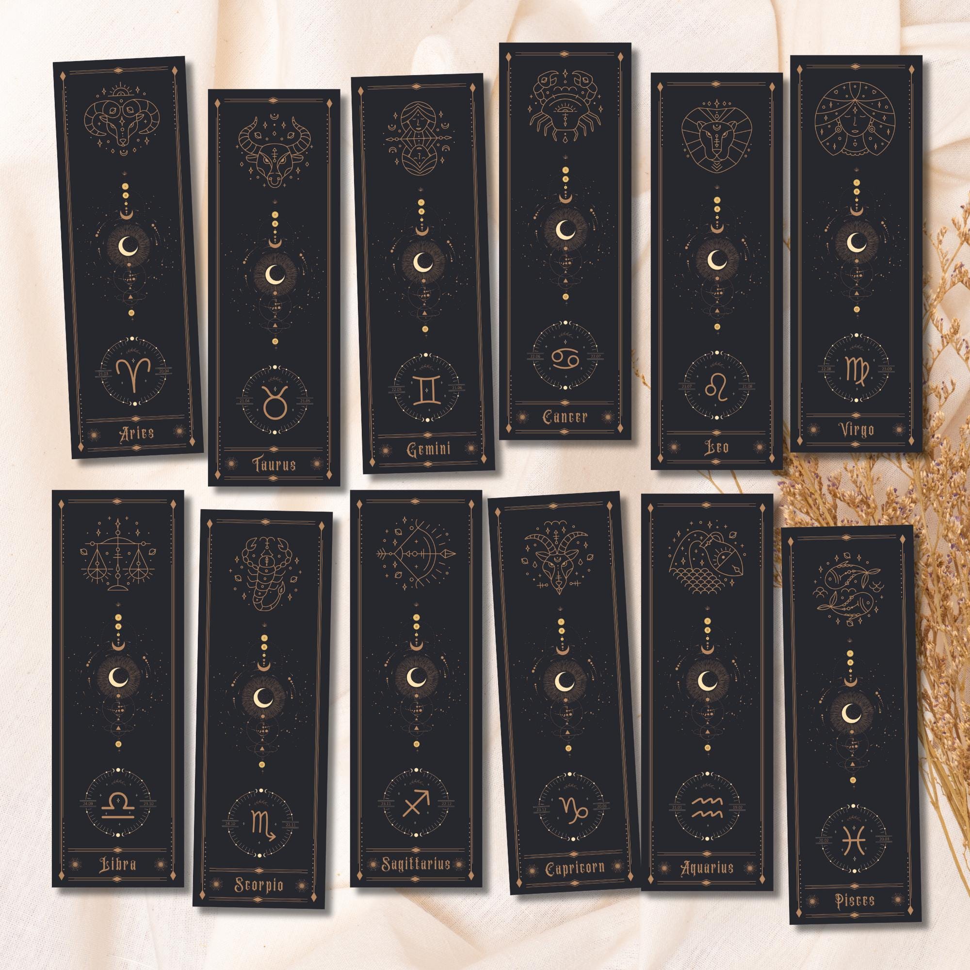 Zodiac Bookmark Printables, Set of 12 Dark Theme Zodiac Bookmarks, Book ...