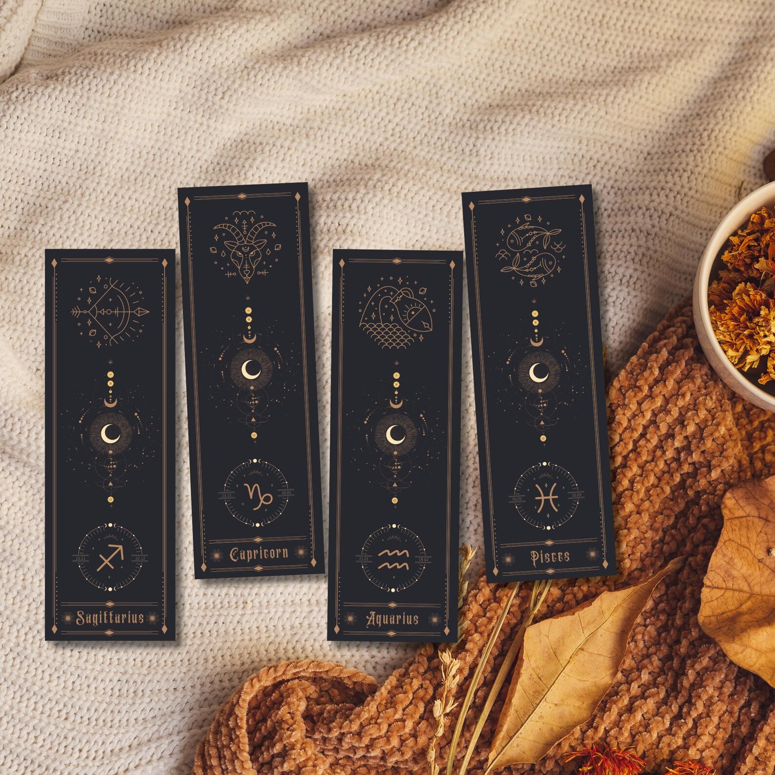 Zodiac Bookmark Printables, Set of 12 Dark Theme Zodiac Bookmarks, Book ...