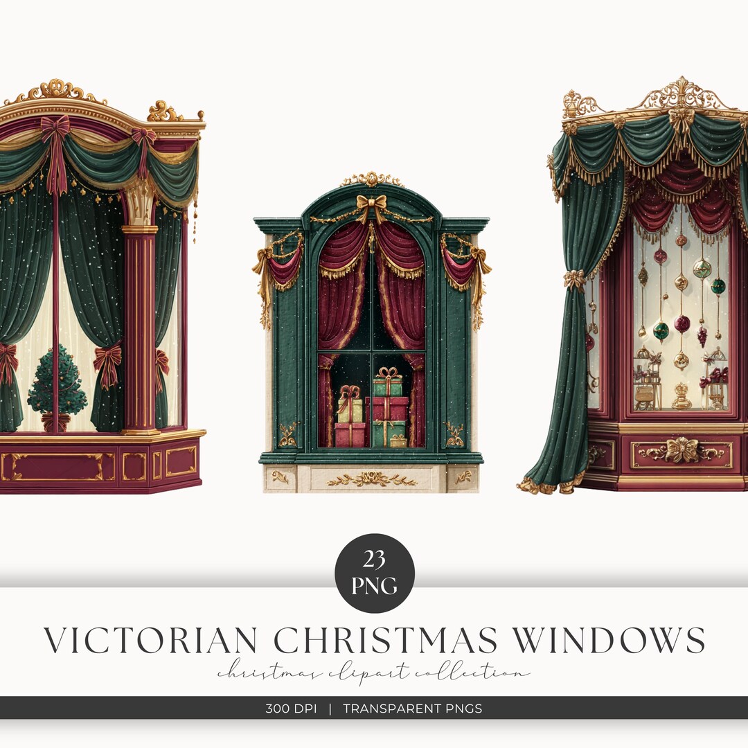 23 Victorian Christmas Window Clipart Bundle PNG Vintage Holiday ...