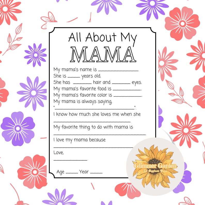 Mama Printable / Mother's Day Gift / Mother's Day Questionnaire ...
