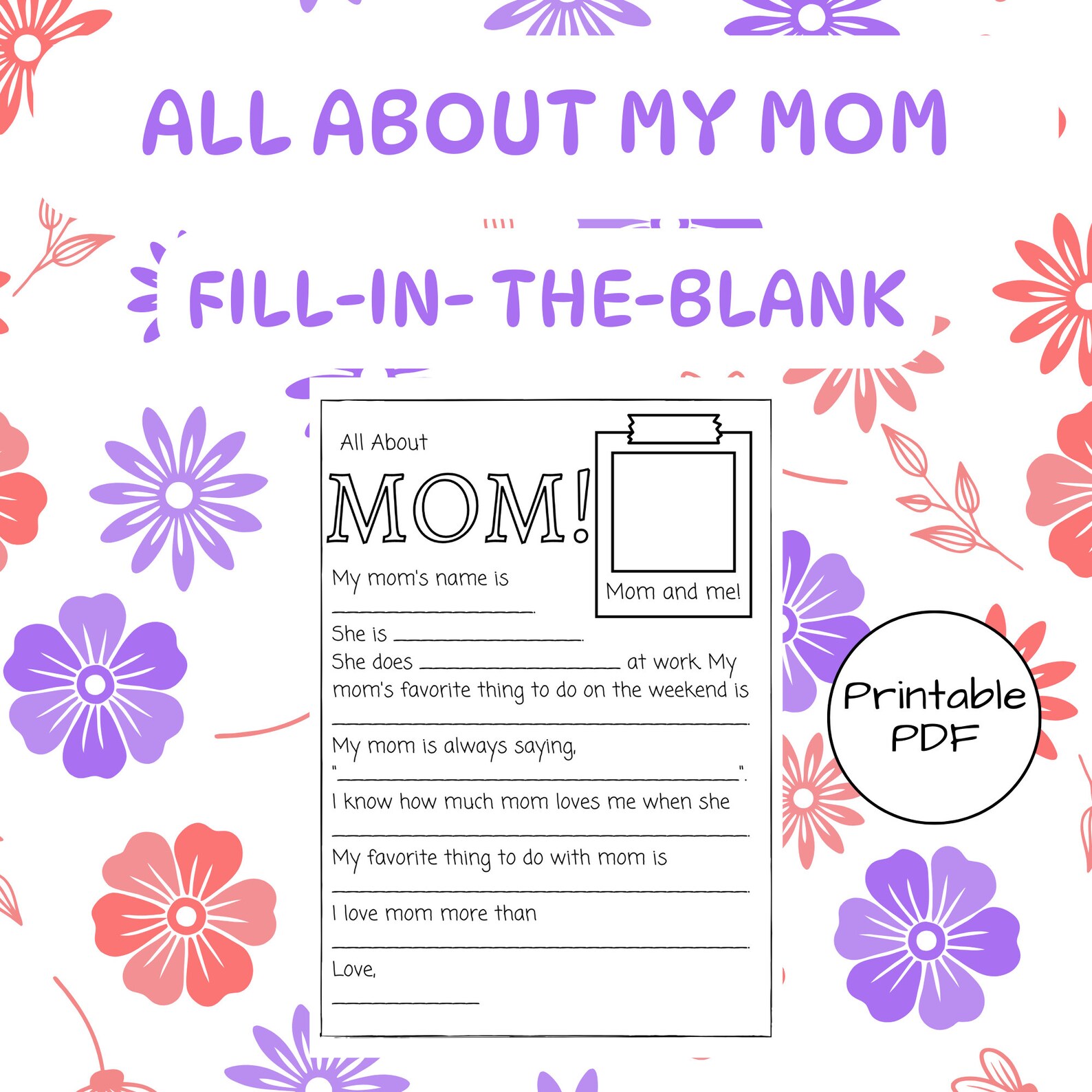 All About Mom Printable / Mother's Day Gift / Mother's Day ...