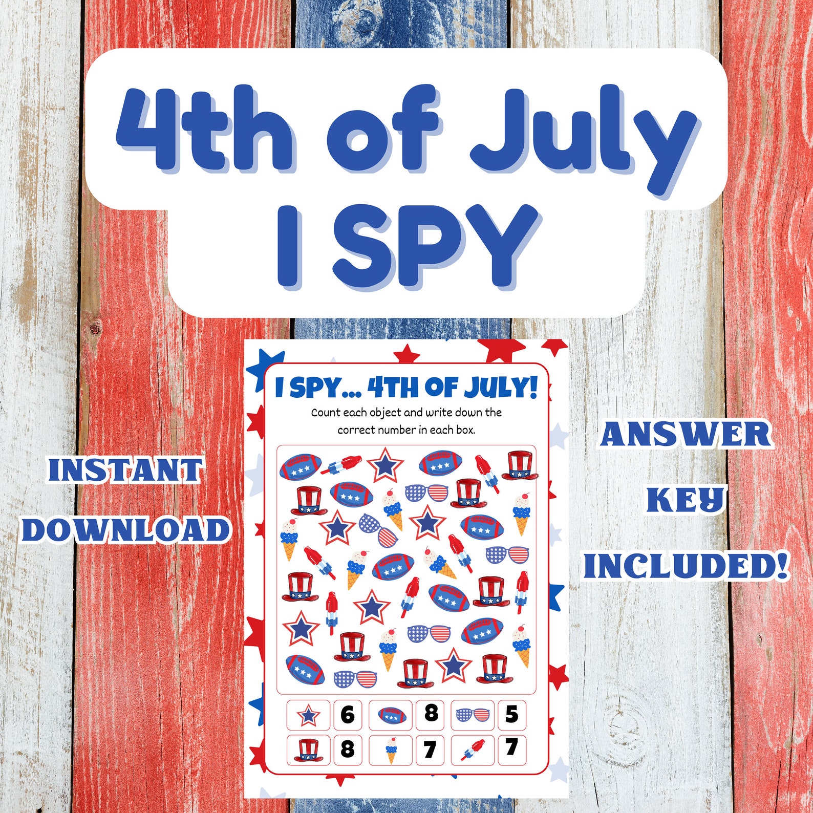 4th of July I Spy Printable Worksheet: Patriotic Kids Activity (instant ...