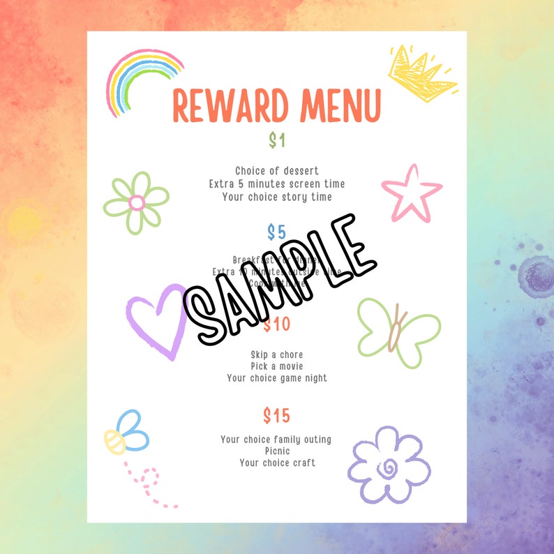 Customizable Reward Money Menu for Kids | Instant Digital Download ...