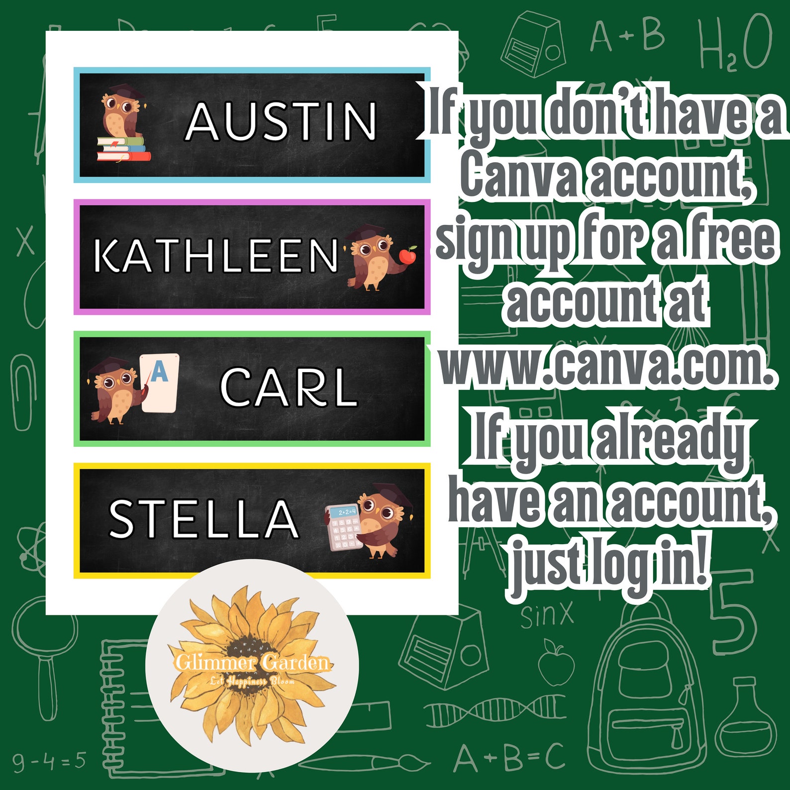 Owl Class Name Labels: Editable Teacher Canva Template (digital ...