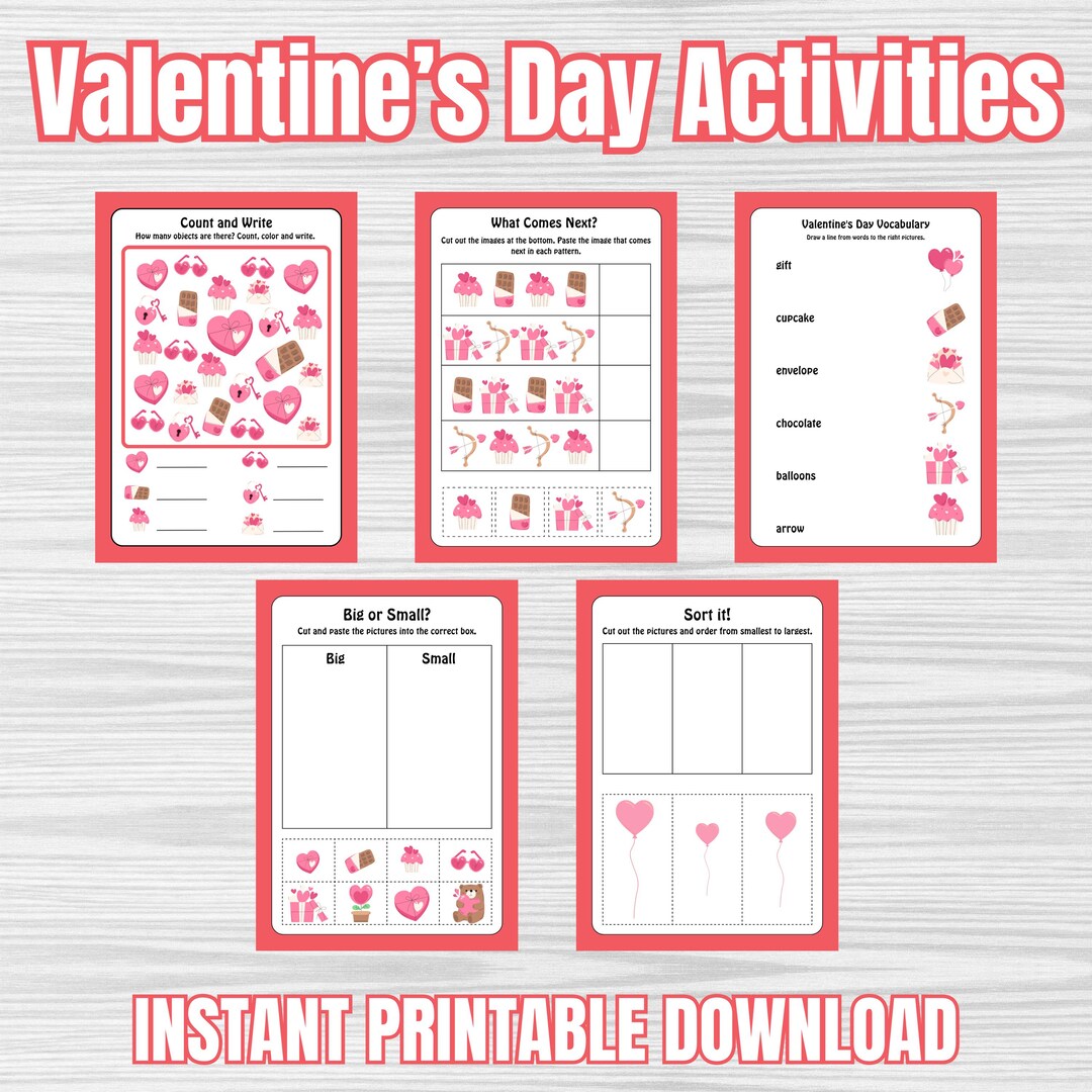 Valentine's Day Worksheets for Kids - Fun Printable Activities Set of 5 ...