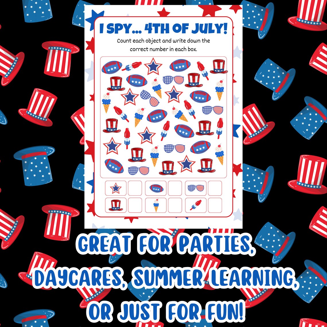 4th of July I Spy Printable Worksheet: Patriotic Kids Activity (instant ...