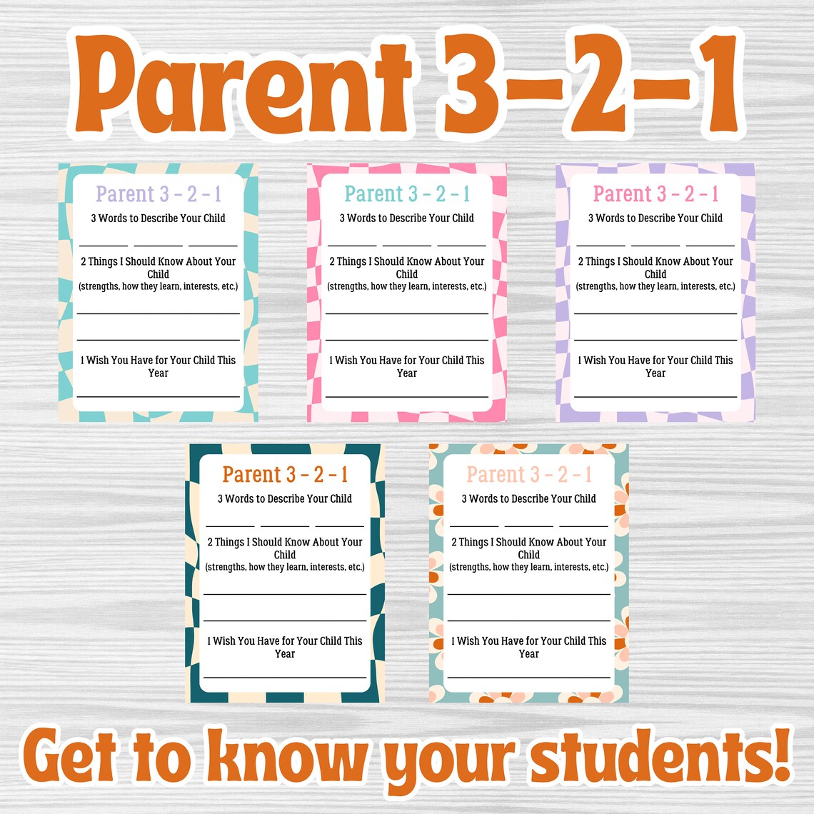 Parent 3-2-1 Questionnaire - Instant Download - 5 Fun & Groovy Designs ...