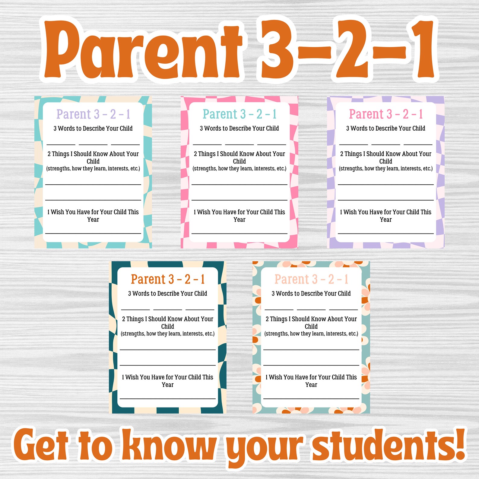 Parent 3-2-1 Questionnaire - Instant Download - 5 Fun & Groovy Designs ...