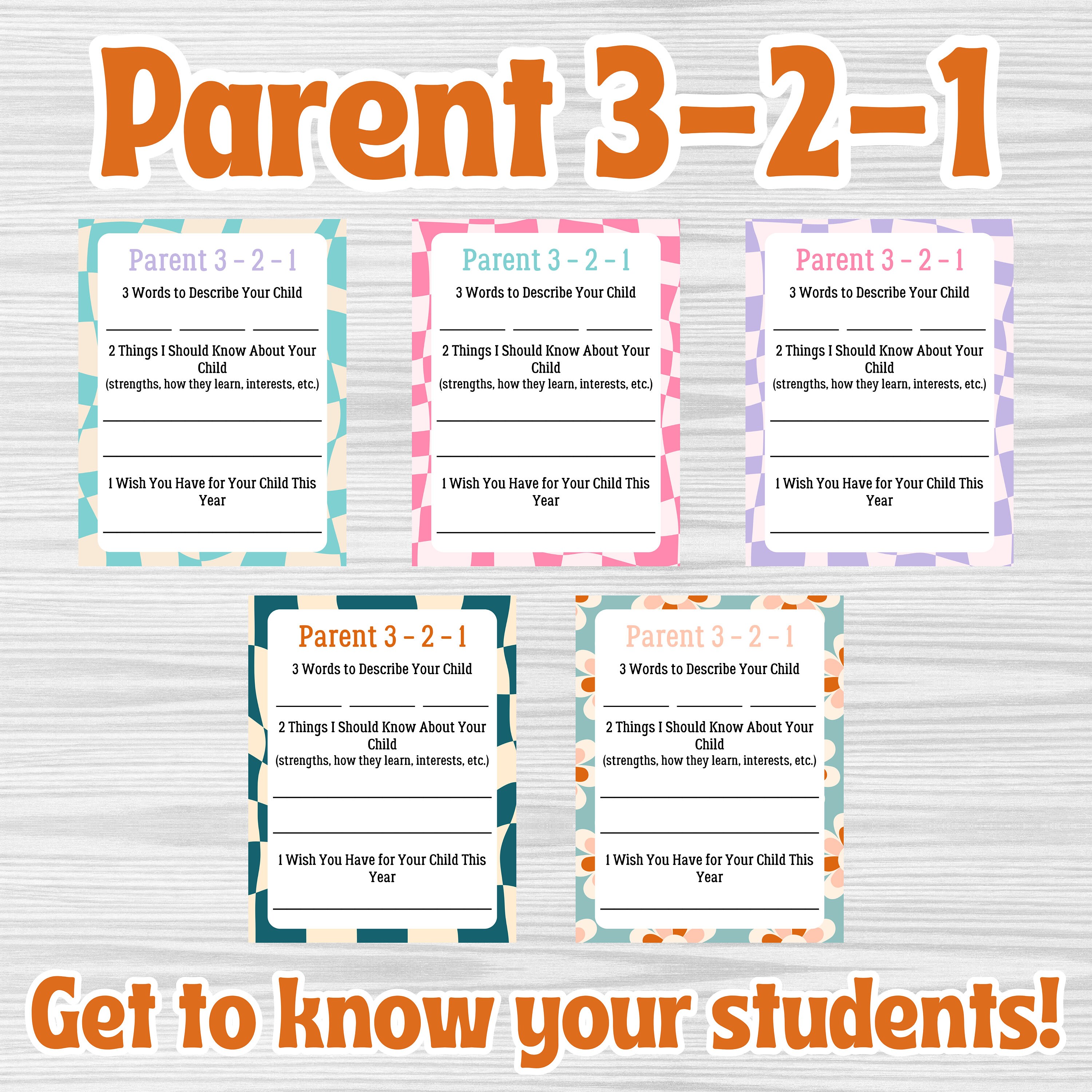 Parent 3-2-1 Questionnaire - Instant Download - 5 Fun & Groovy Designs ...