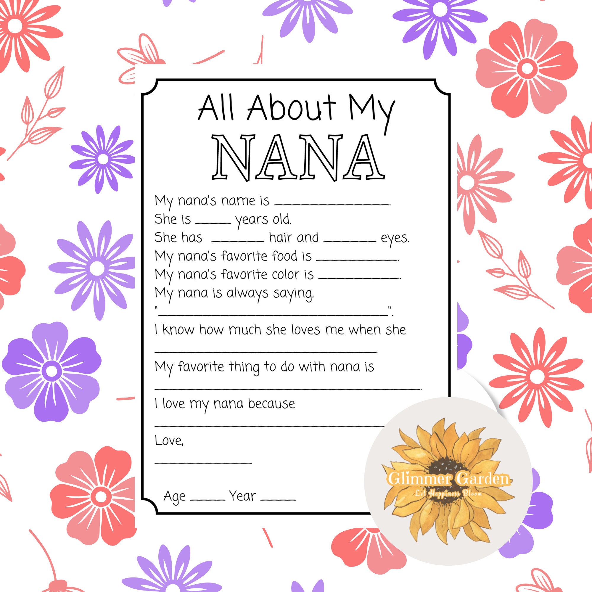 All About My Nana Printable Questionnaire: Kid's Gift (PDF) - Etsy