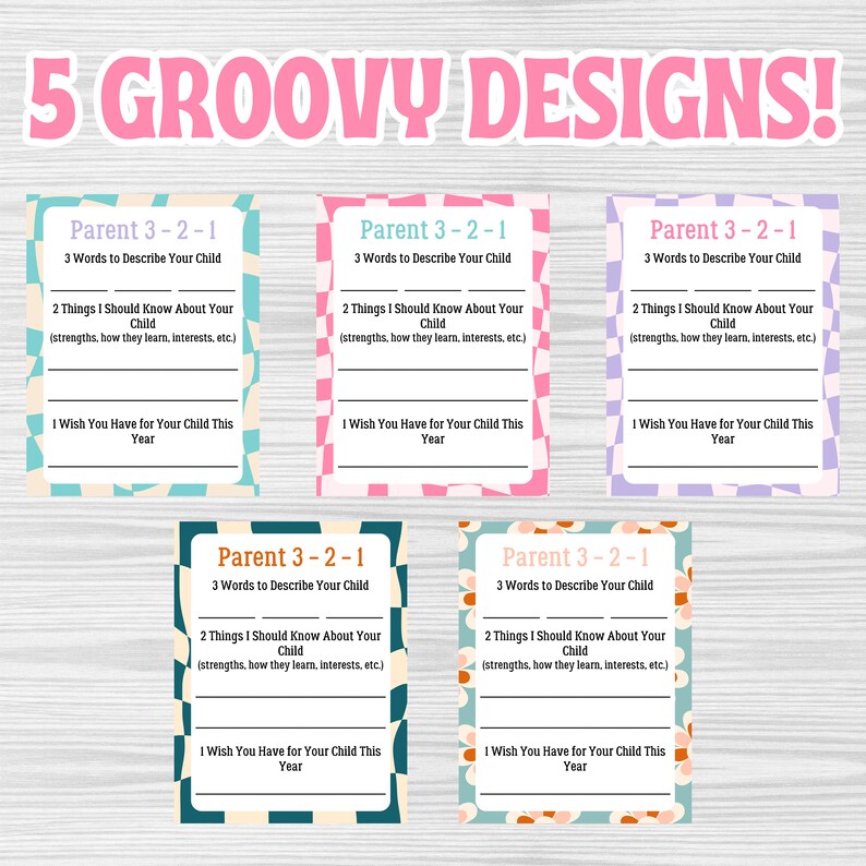 Parent 3-2-1 Questionnaire - Instant Download - 5 Fun & Groovy Designs ...