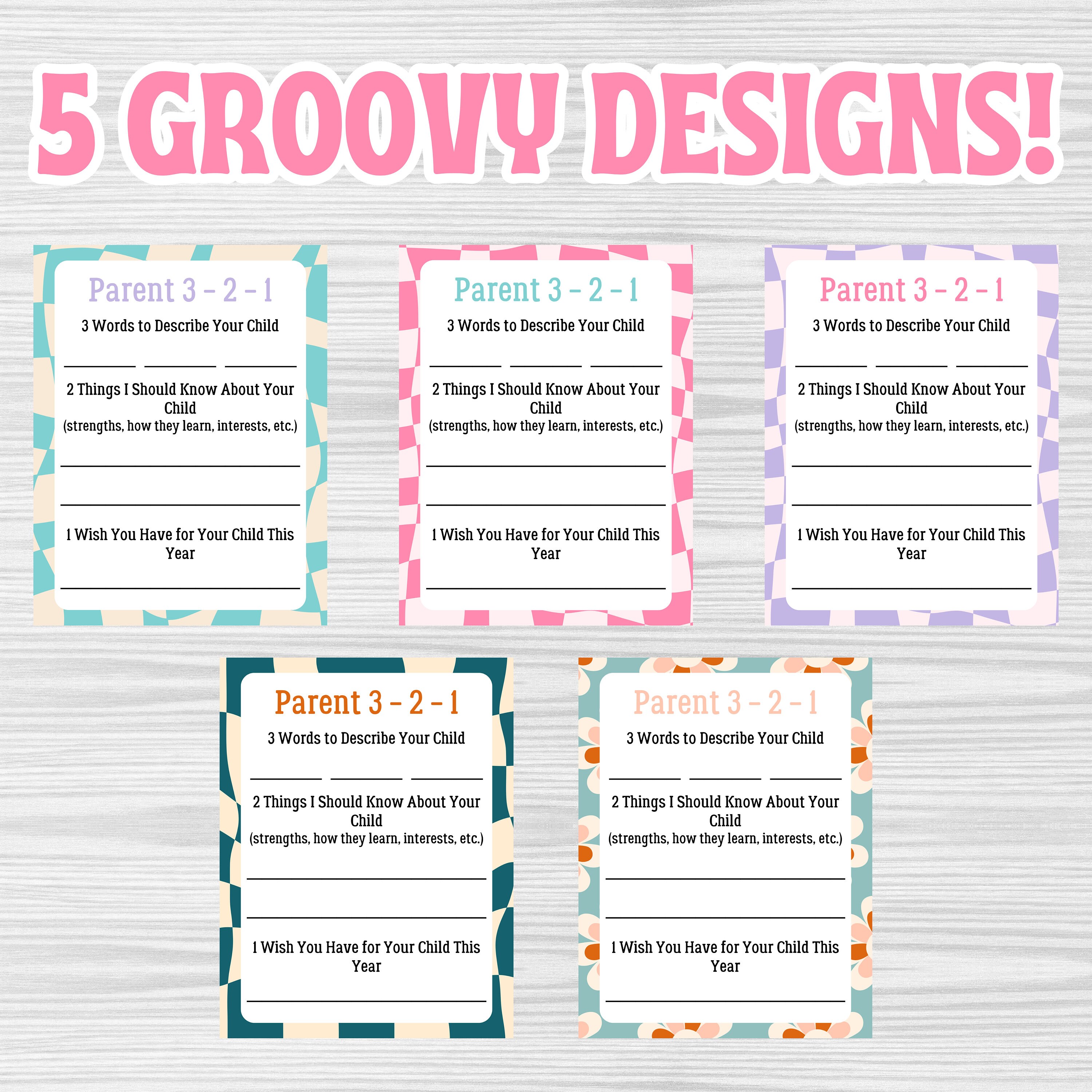 Parent 3-2-1 Questionnaire - Instant Download - 5 Fun & Groovy Designs ...