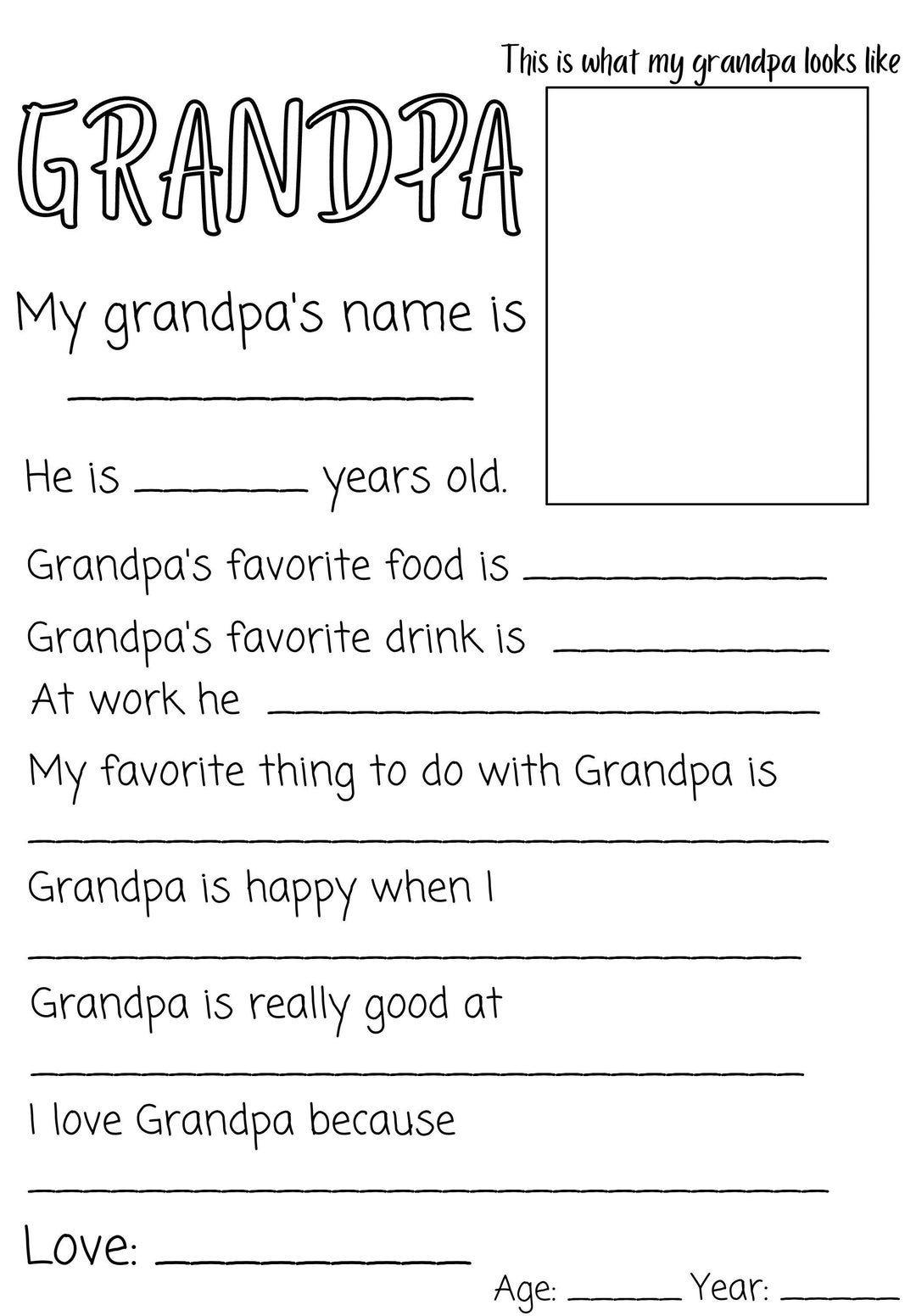 Grandpa Printable / Father's Day Gift / Father's Day Questionnaire ...