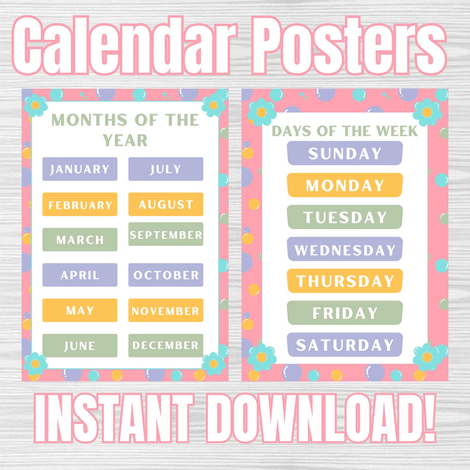 Pastel Color Printable Calendar Poster Set - Days of the Week & Months ...
