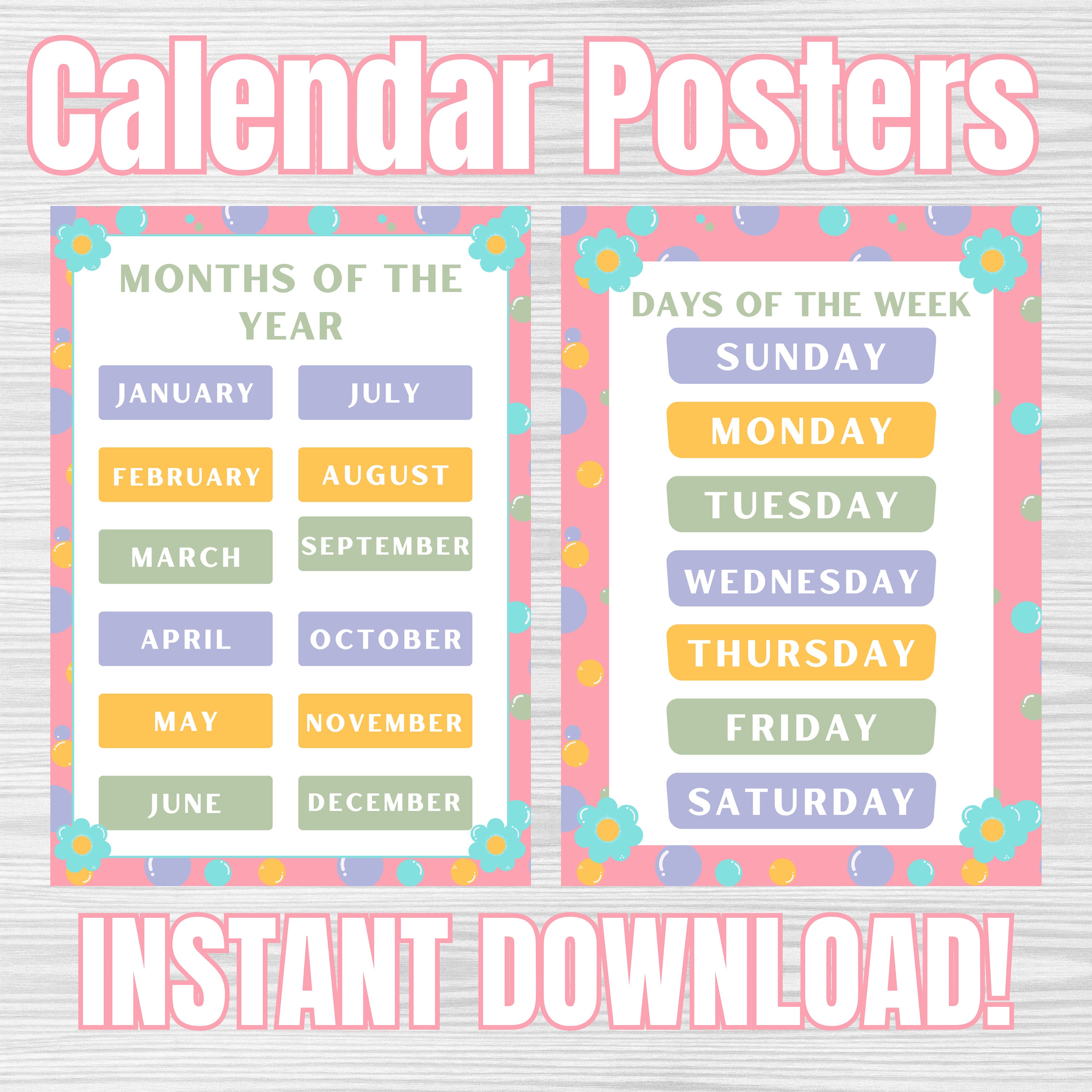 Pastel Color Printable Calendar Poster Set - Days of the Week & Months ...